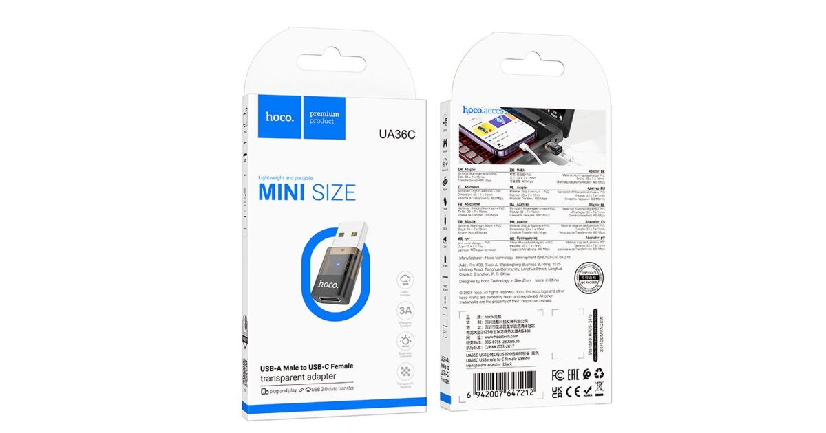 Adaptor HOCO USB A (male) la Tip C (female) UA36C transparent negru ...