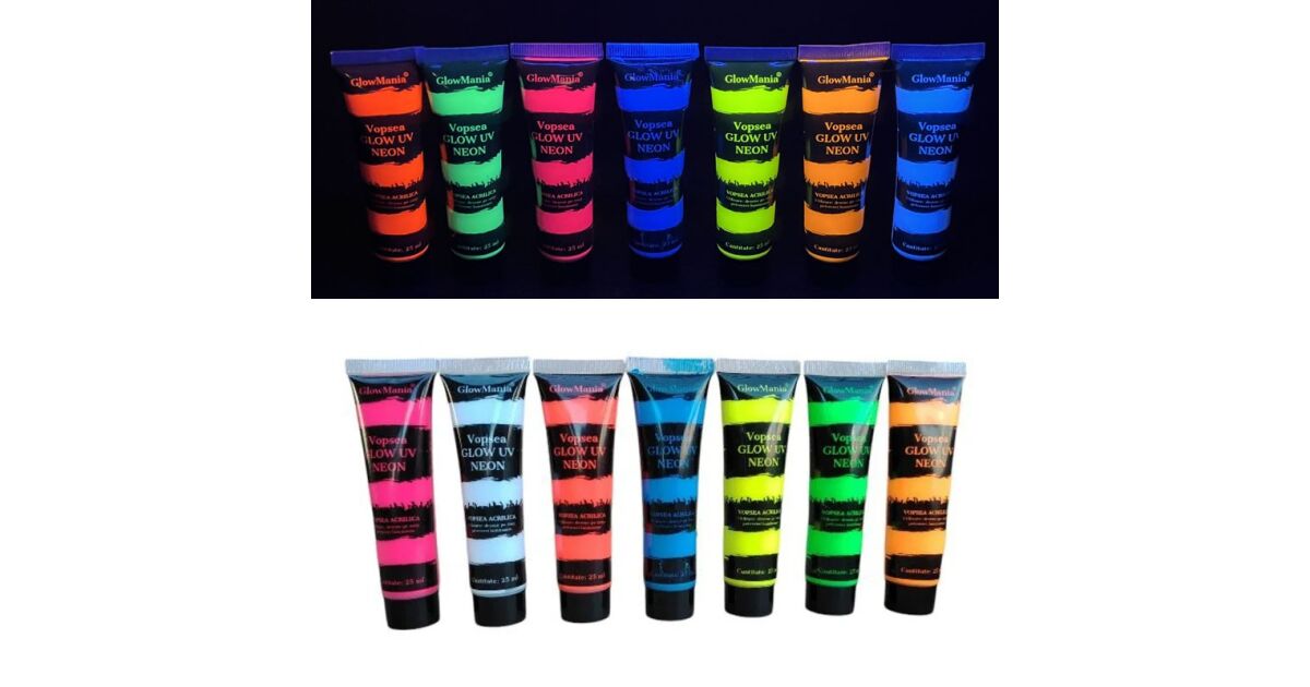 Set 7 culori vopsea glow UV neon, 25 ml/culoare, pentru corp si fata ...