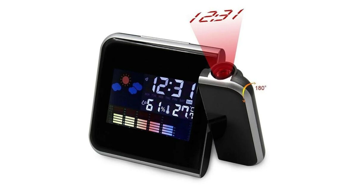 Ceas de birou, proiector cu LED reglabil, ecran LCD, alarma, data ...