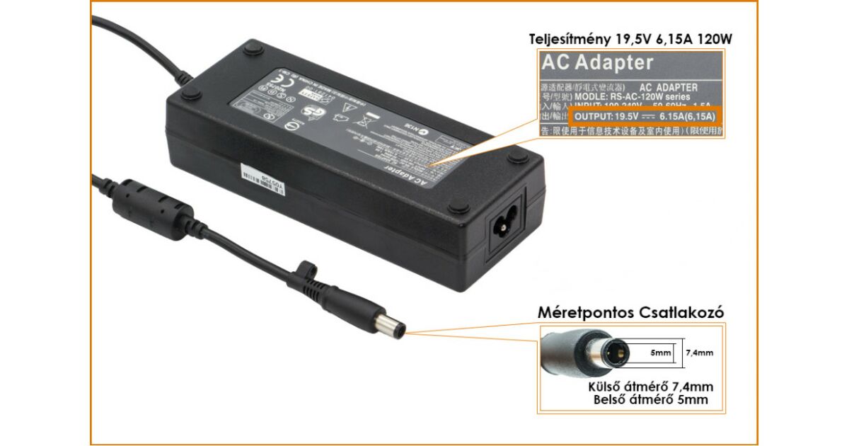 HP Compaq Laptop Töltő - 19.5V 6.15A 120W - 7.4x5.0mm Csatlakozó ...