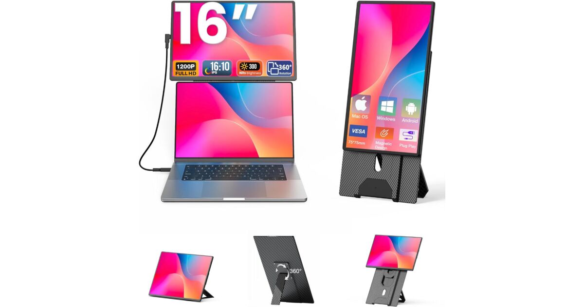 Monitor Extensibil Dublu Laptop, Ecran 16 IPS Full HD 1200P, USB-C ...