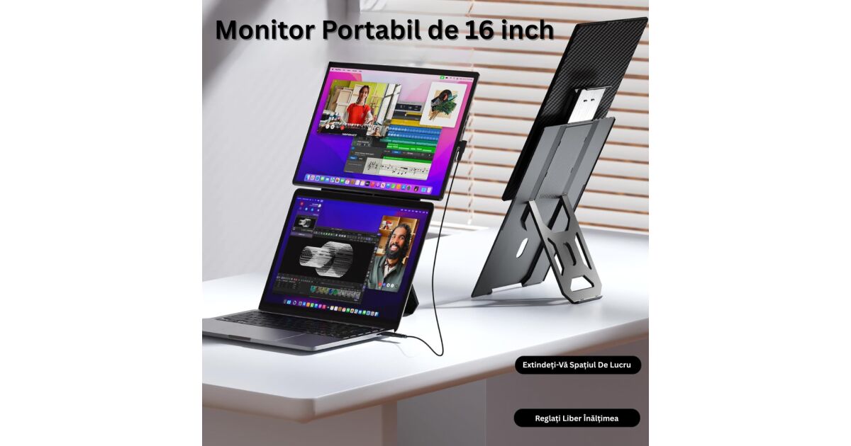 Monitor Extensibil Dublu Laptop, Ecran 16 IPS Full HD 1200P, USB-C ...