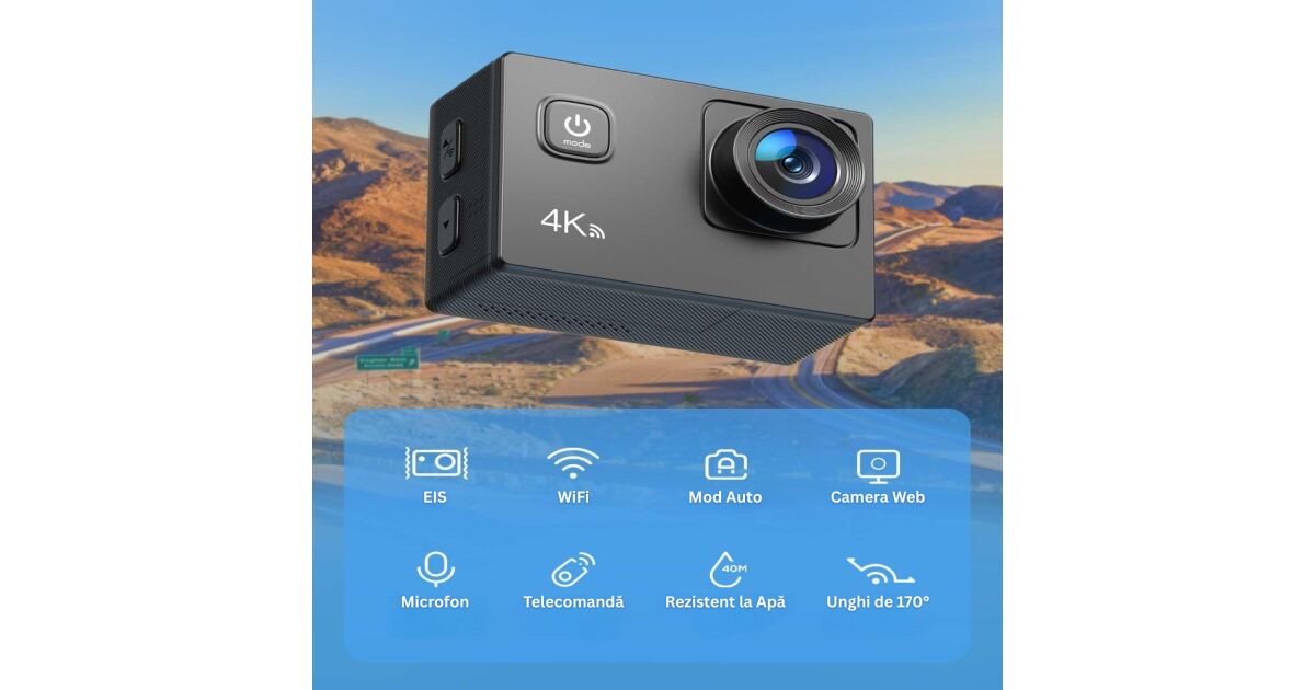 Camera Video Sport WiFi cu Telecomanda, 4K/30FPS, 20MP, LCD 2.0, EIS ...