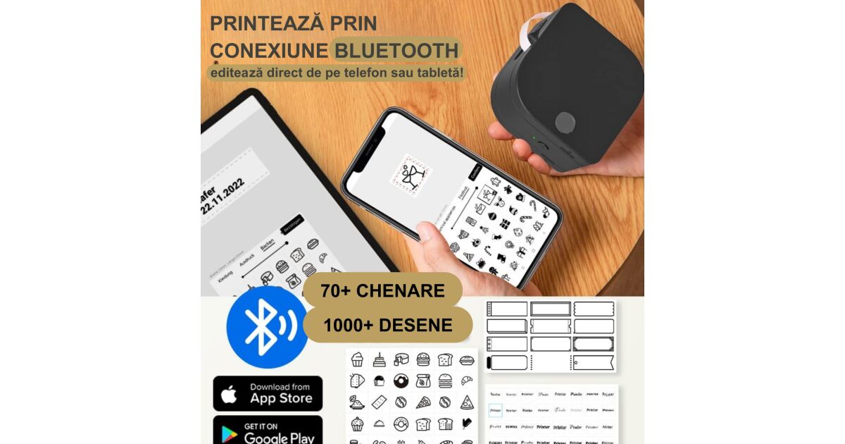 Imprimanta Termica PLEMORY® Etichete, Portabila-1000mAh, Fara Cernela ...