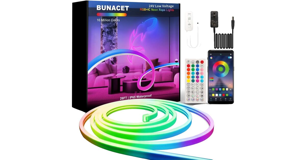 Bandă LED Neon, sincronizare cu muzică, rezistentă la apă, set complet ...