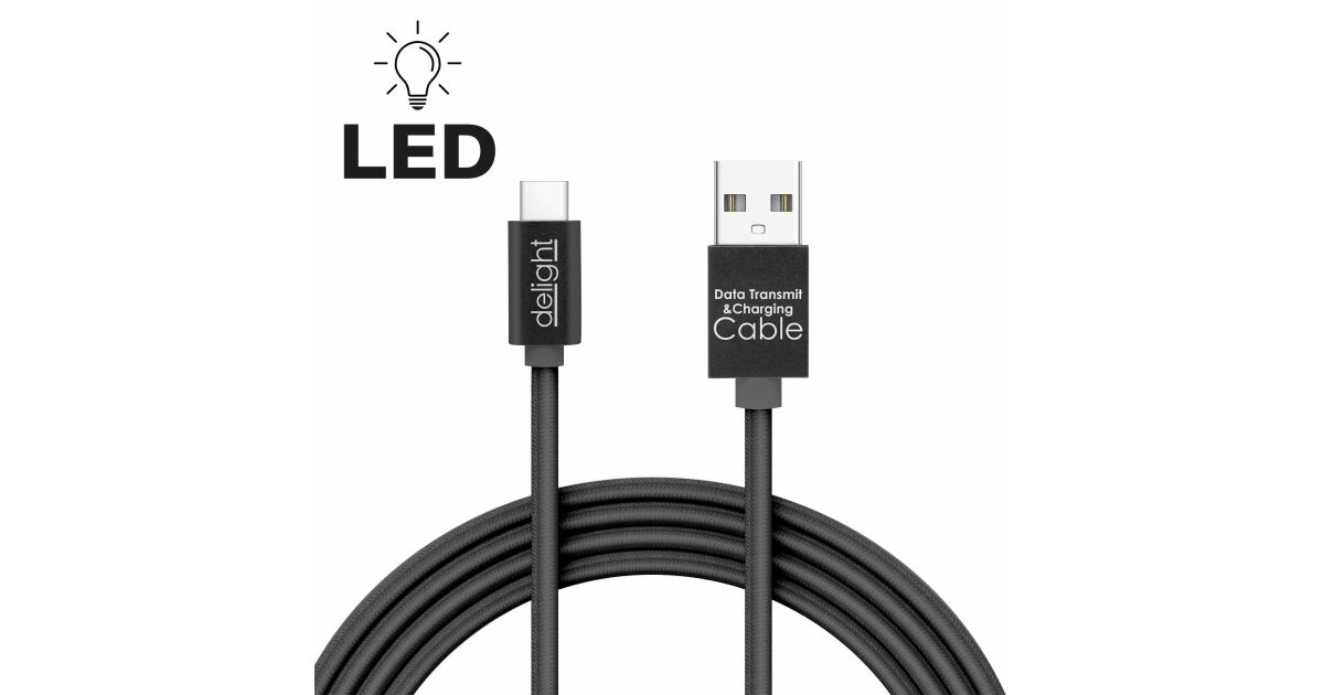 Cablu de date - USB Type-C 1 m, cu LED, negru, acoperit cu țesătură ...