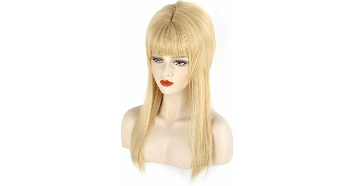 Retro Peruka Blond Długa Prosta z Grzywką, Syntetyczna, Vintage Styl ...