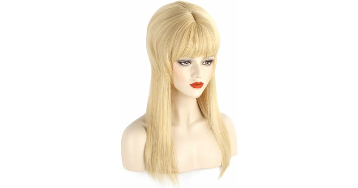 Retro Peruka Blond Długa Prosta z Grzywką, Syntetyczna, Vintage Styl ...