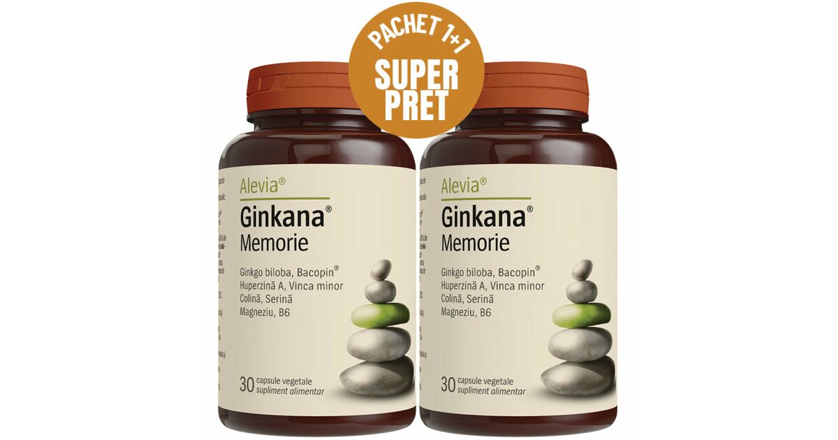 Pachet Ginkana Ginkgo Biloba 120mg, 30 Comprimate + 30 Comprimate ...