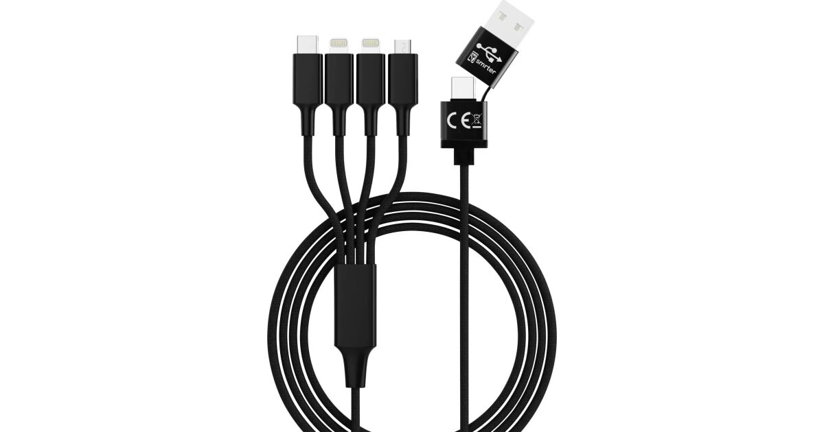 Cablu USB Smrter USB-A - USB-C + MicroUSB + 2x Lightning 1.2 m Negru ...