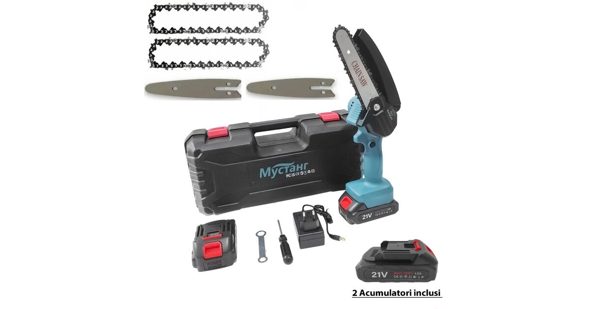 MINI REŤAZOVÁ PÍLA MUSTANG S 2 BATÉRIAMI, 550 W, 21 V, 1,5 AH, 18,5 CM ...