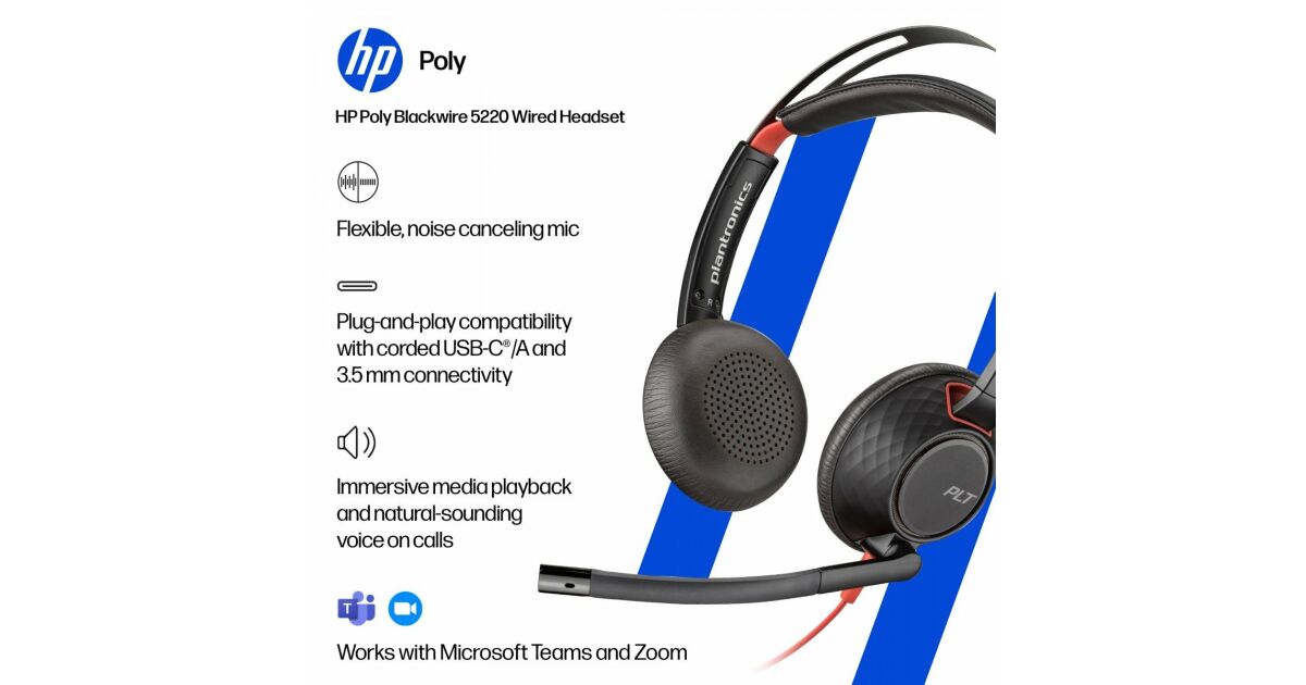 HP POLY Blackwire 5220 Stereo USB-C Headset +3.5mm Plug +USB | Pepita.com