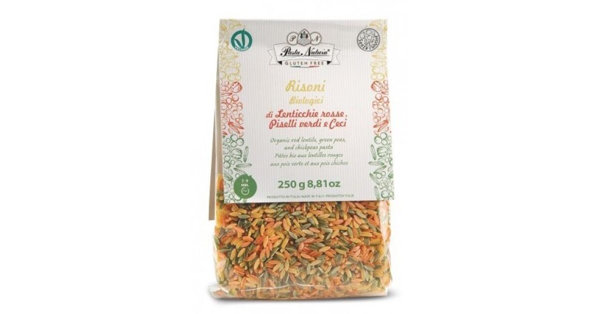 Paste Risoni tricolore cu mazare, linte si naut 250g Pasta Natura ...