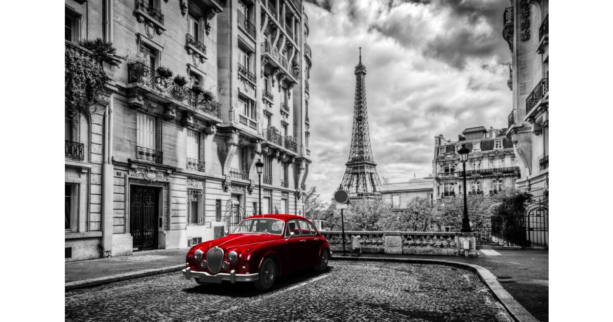 Matricás tapéta Piros autó, Eiffel-torony, retro, 350 x 200 cm | Pepita.hu