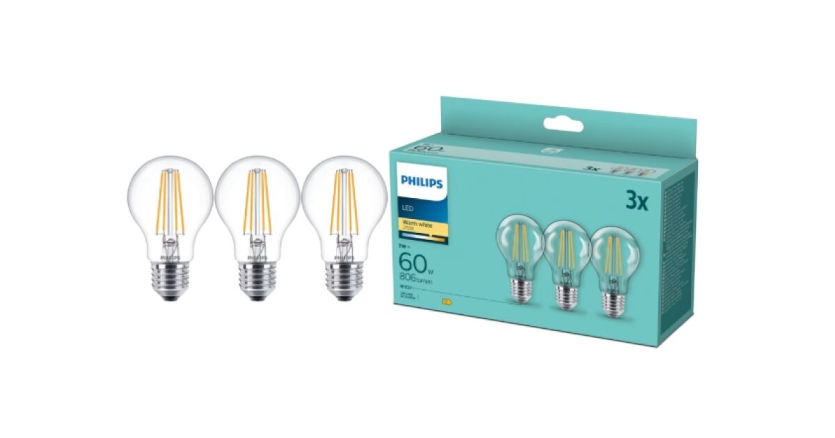 3 db-os Philips LED izzószálas csomag, A60, E27, 7W (60W), 806 lm ...