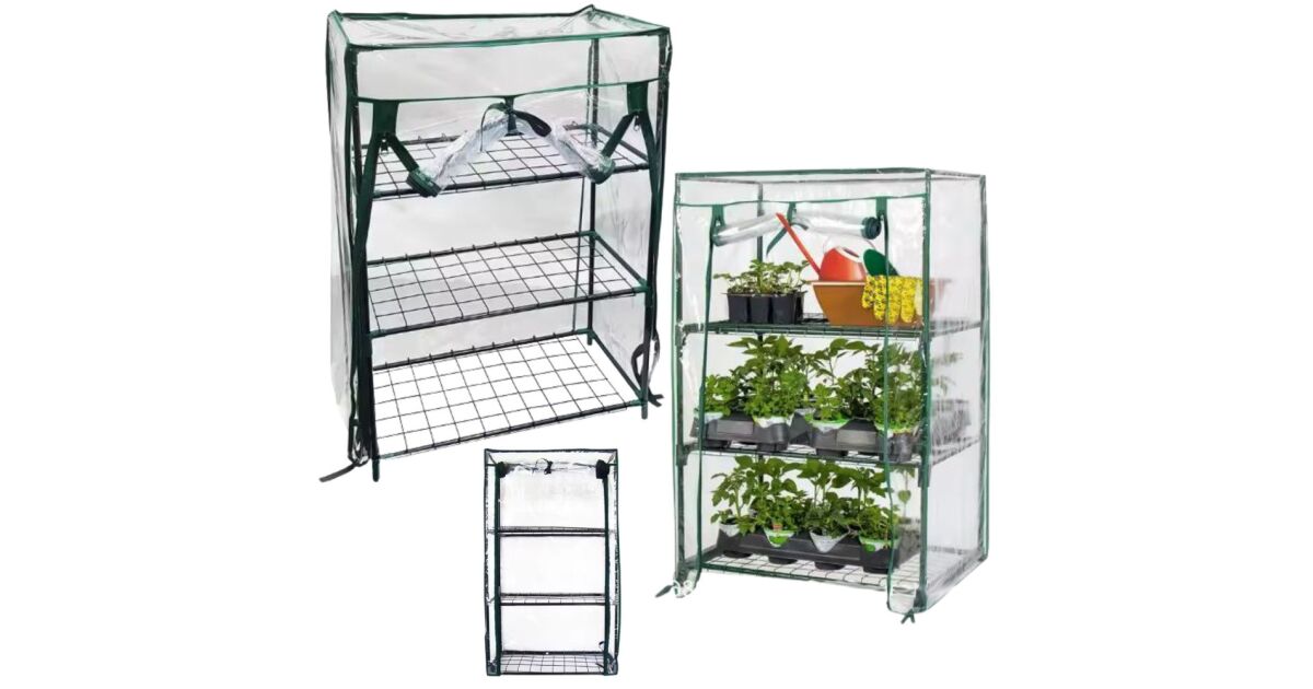 Mini seră de grădină pentru balcon cu 3 rafturi metalice, folie PVC, 46 ...