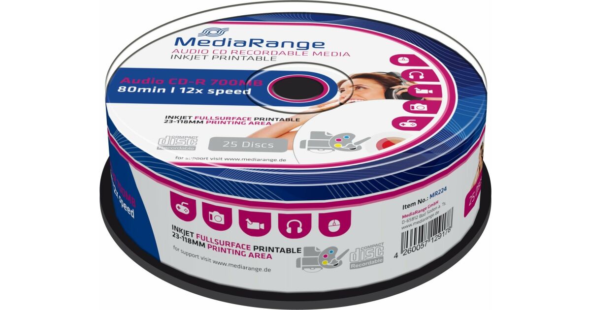 MediaRange CD-R 700MB 25 db Audio teljes felület nyomtatható | Pepita.hu