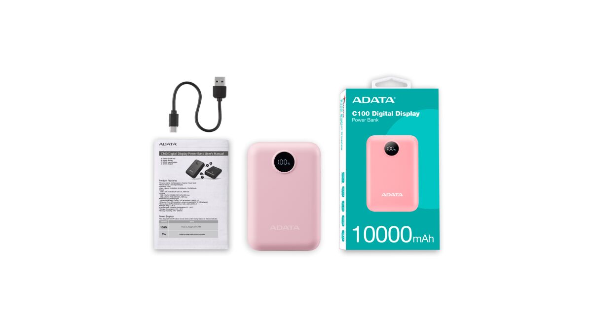 A-Data C100 Powerbank USB-A + Type-C / 10000mAh 20W - Rózsaszín | Pepita.hu