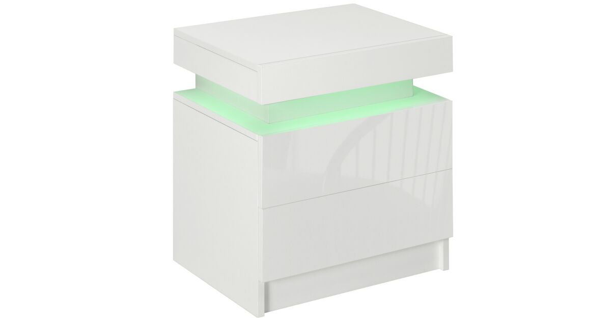 Noptiera alba HOMCOM cu lumina LED RGB, noptiera frontala lucioasa cu 2 ...