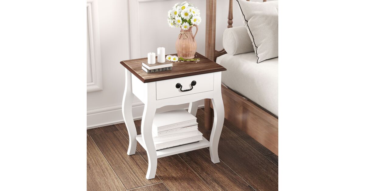 HOMCOM Noptier cu Sertar și Raft Deschis în Stil Francez din Lemn, 45x35x55 cm, Alb și Stejar ...