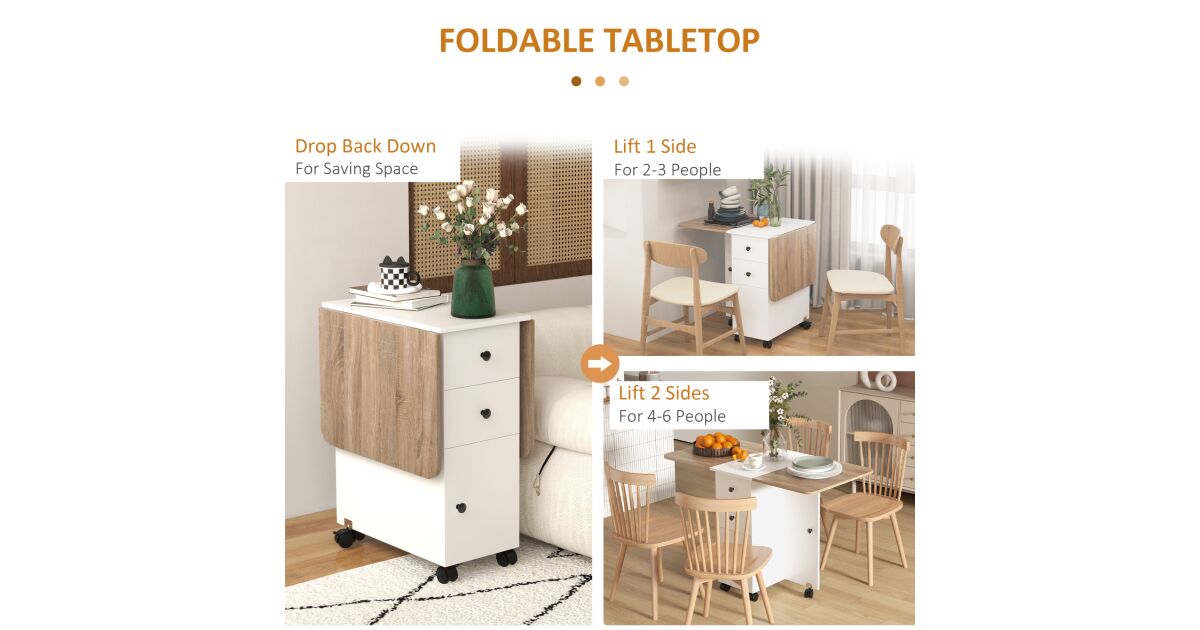 HOMCOM Masă Rabatabilă pentru Maxim 6 Persoane cu 2 Sertare, Dulap și ...