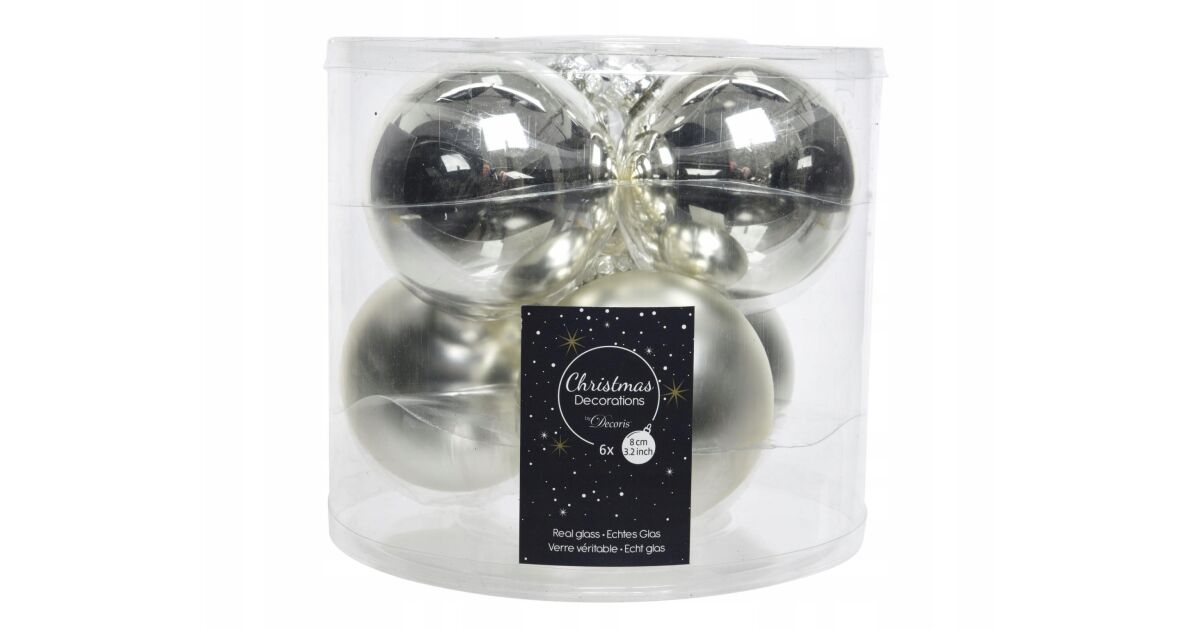 Bombki choinkowe zestaw 6 szt. duże srebrne w połysku i macie 8 cm ...