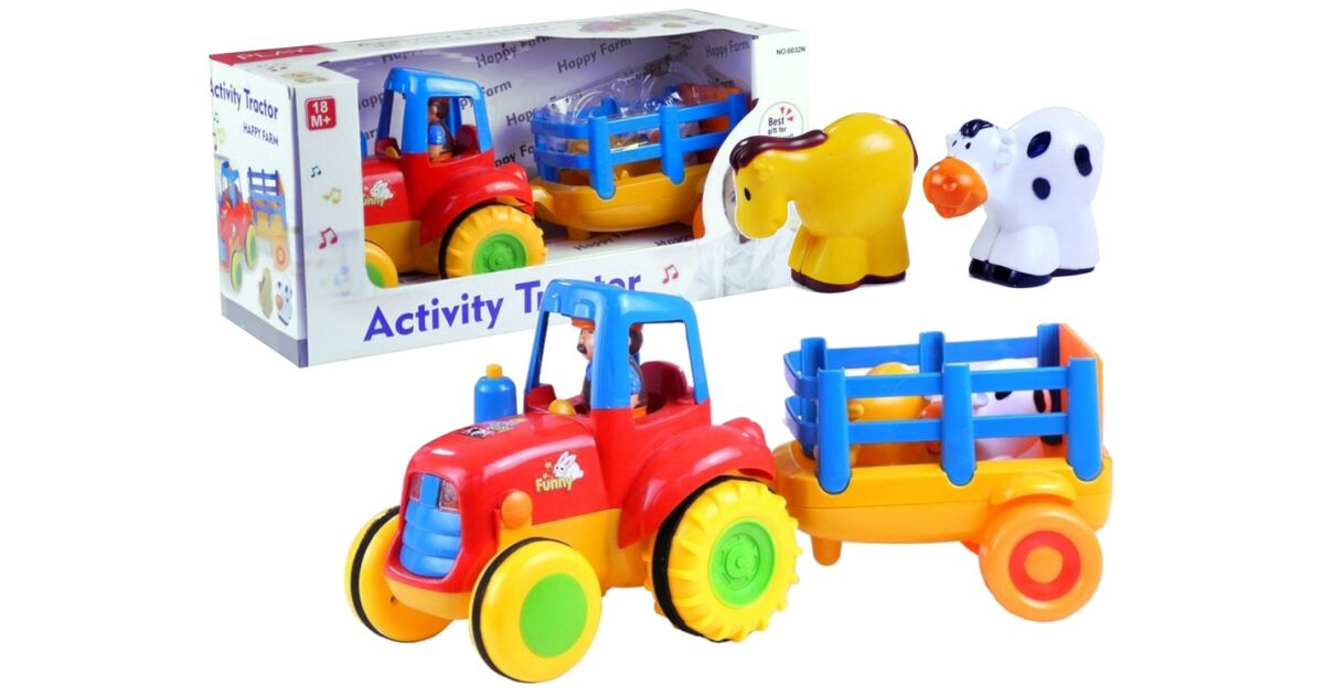 Set de joc cu tractor și remorcă cu fermier, vacă și cal, pentru copii ...