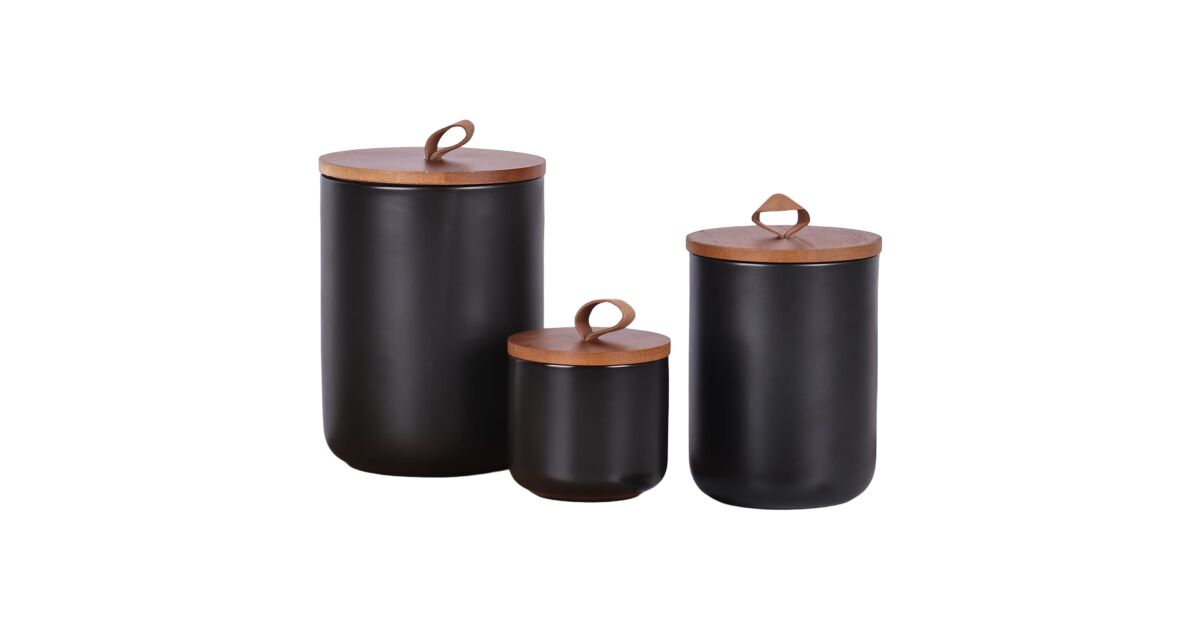 Set 3 borcane ceramice negre cu capac din lemn — Recipiente ermetice ...