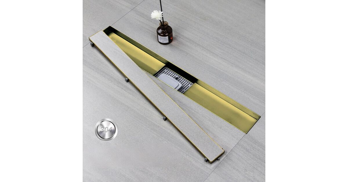 Riglă de duș aurie 110 cm cu sifon și sită — Canal scurgere liniară din ...