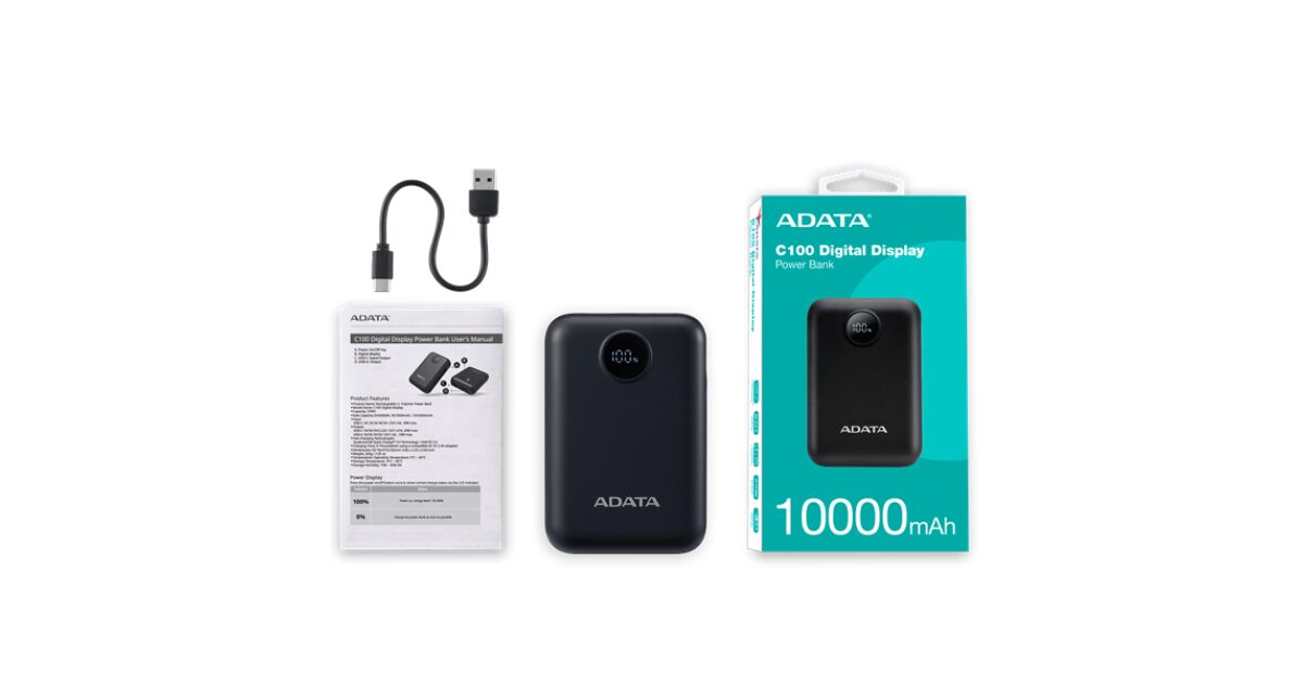 Adata power bank 10000mah c100 fekete, digitális kijelző PC10022-12BK | Pepita.hu