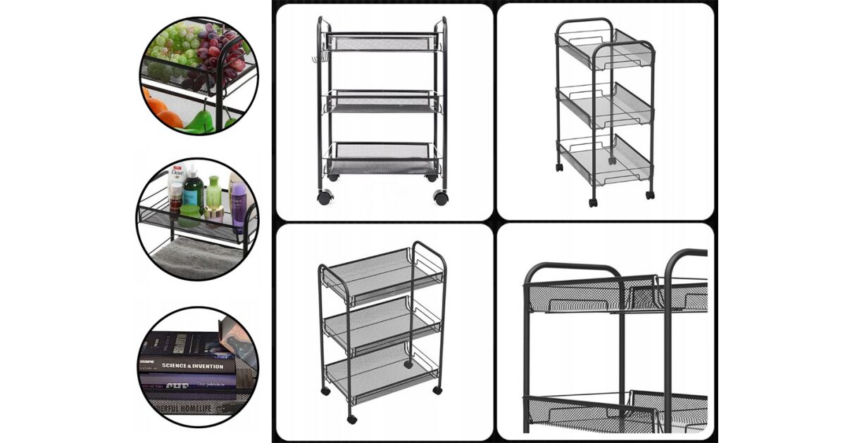 Dulap negru pe roți cu trei niveluri din metal | Pepita.com