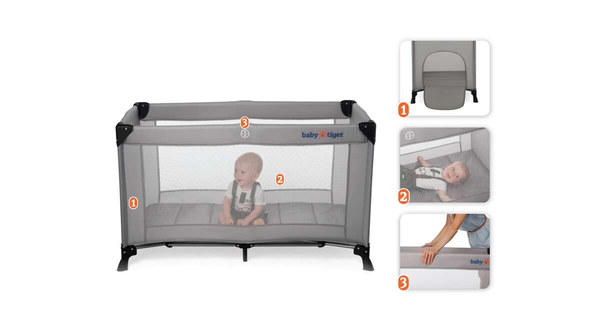 Baby Tiger Viki Utazóágy matraccal és táskával #szürke | Pepita.hu