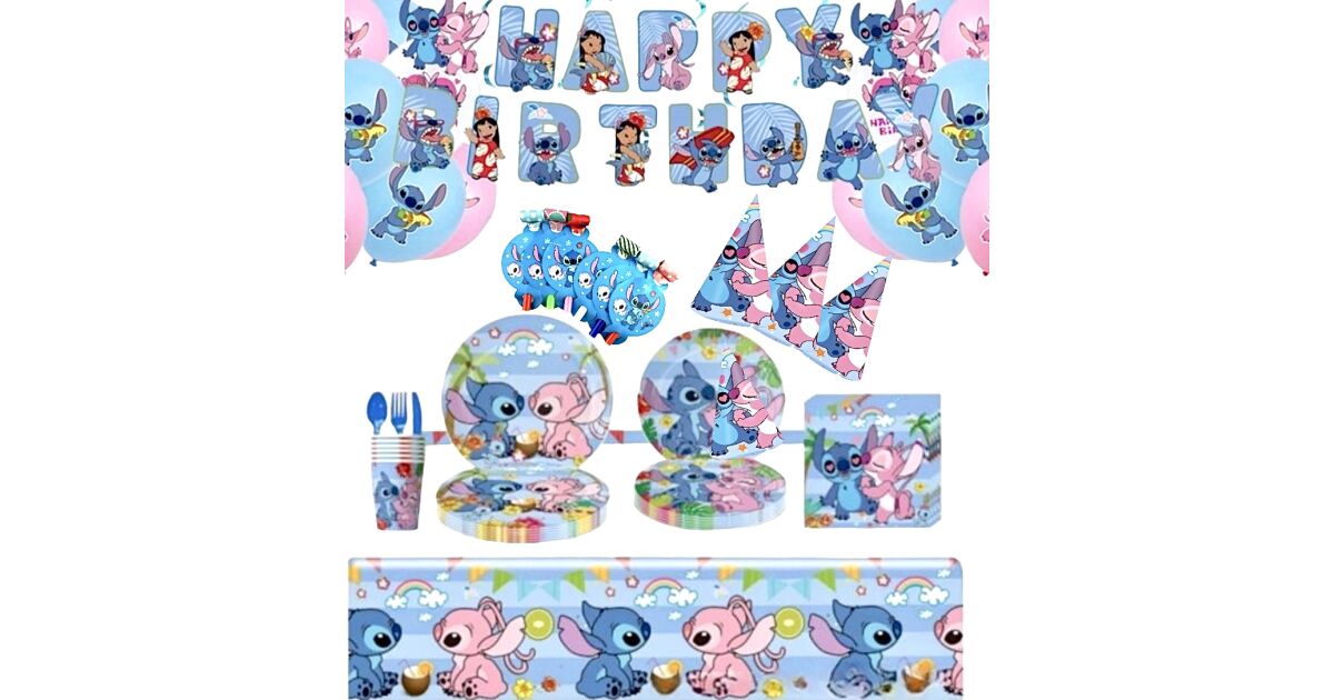 Set 147 piese vesela petrecere Lilo & Stitch pentru 10 copii, stegulete ...