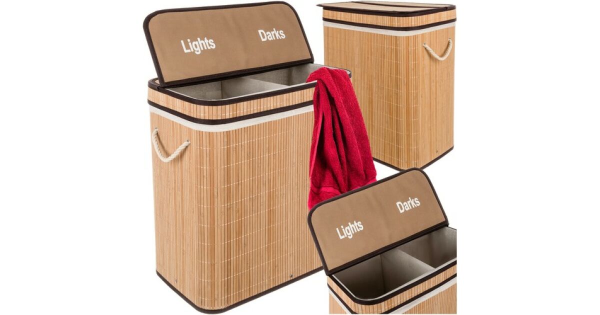 Cos de rufe dublu, Zola, din bambus, sac detasabil, 100 l, pliabil, 60 x 54 x 35 cm | Pepita.com