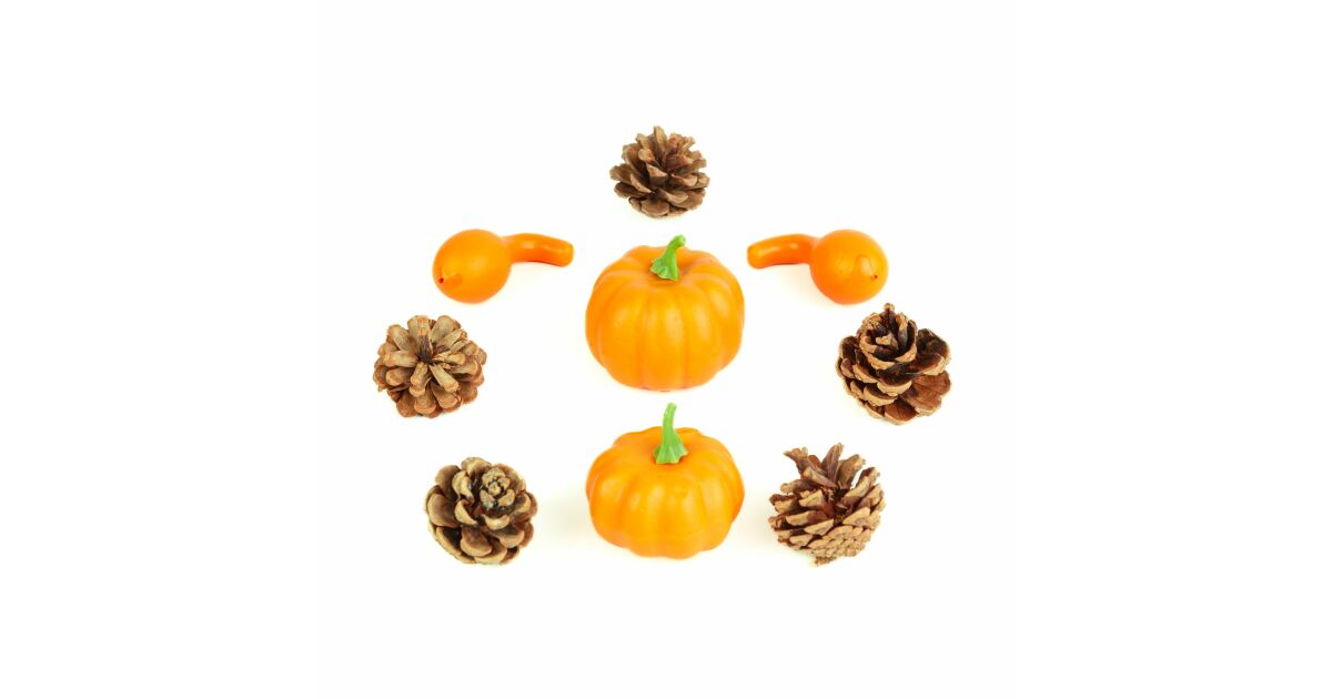 Set decoratiuni de toamna – dovleci si conuri de pin, 9 piese, 5–7 cm ...