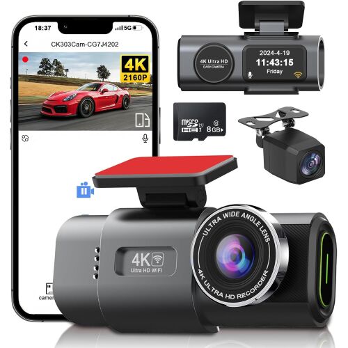 Camera Auto DVR 4K Fata Spate WiFi + Card 8GB, Senzor WDR Vedere ...