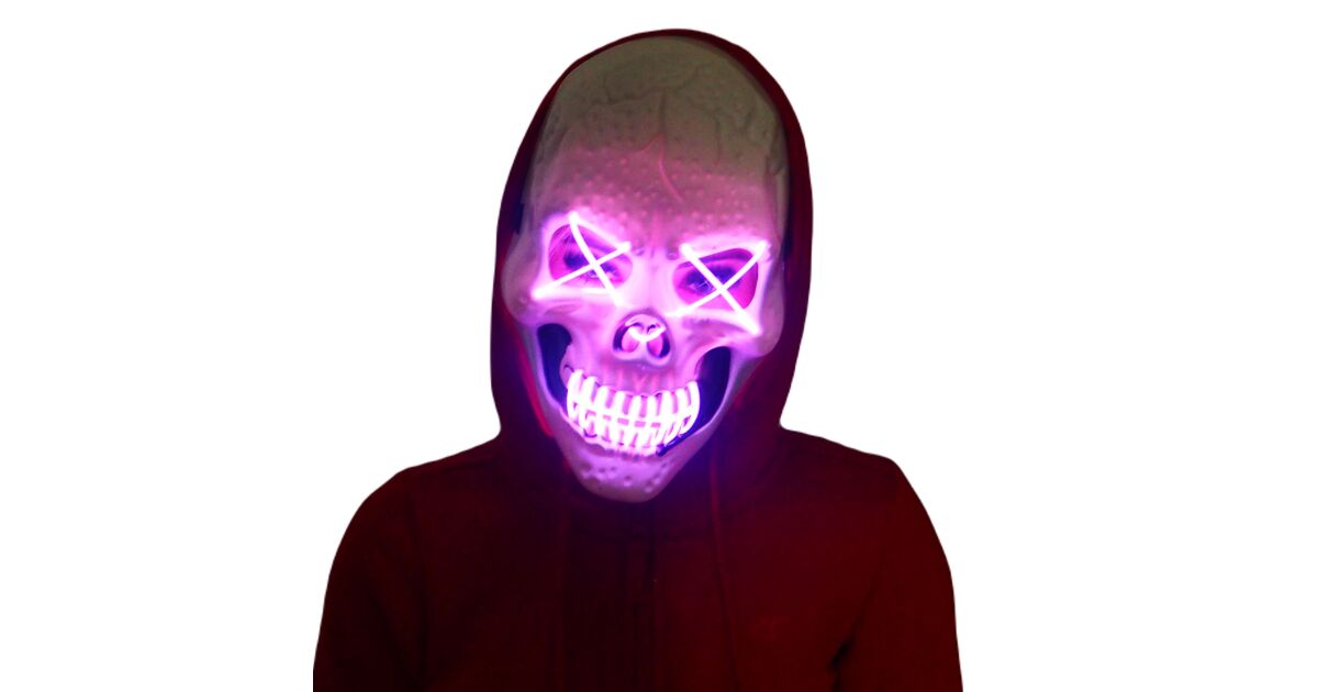 Masca Halloween model craniu, Zola, alba cu leduri mov, din plastic ...