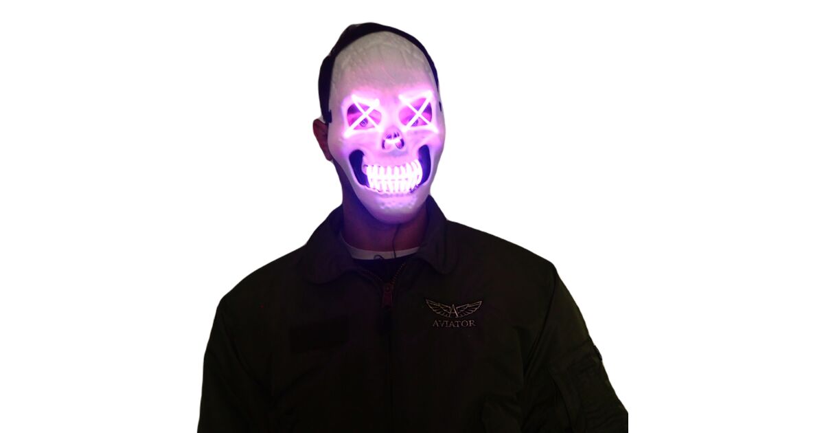 Masca Halloween model craniu, Zola, alba cu leduri mov, din plastic ...