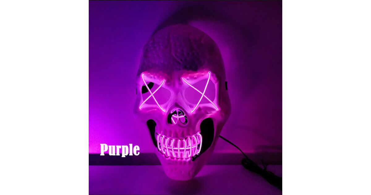 Masca Halloween model craniu, Zola, alba cu leduri mov, din plastic ...