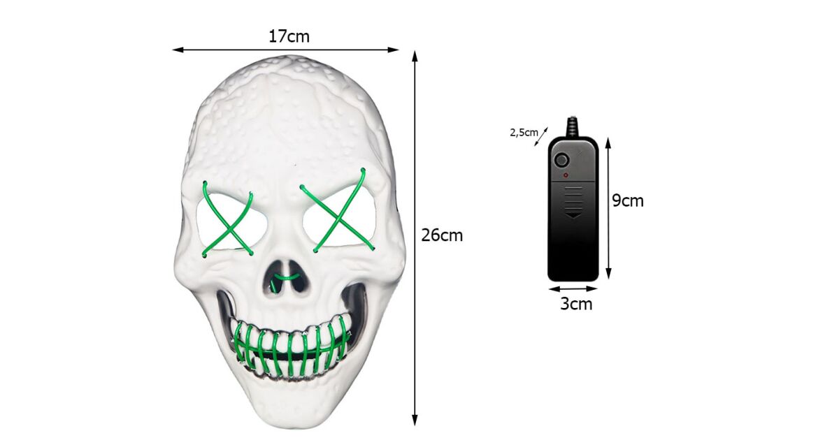 Masca Halloween model craniu, Zola, alba cu leduri verde, din plastic ...