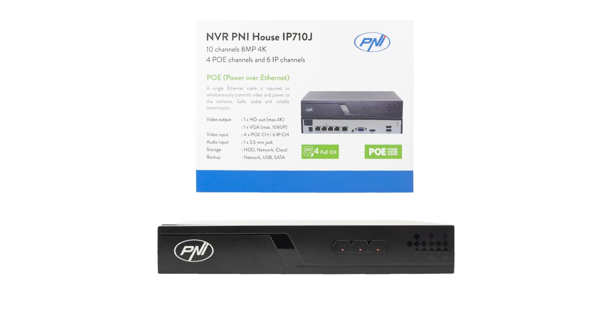 NVR POE PNI House IP710J, 10 csatorna 4K 8MP, 4 POE csatorna és 6 IP ...