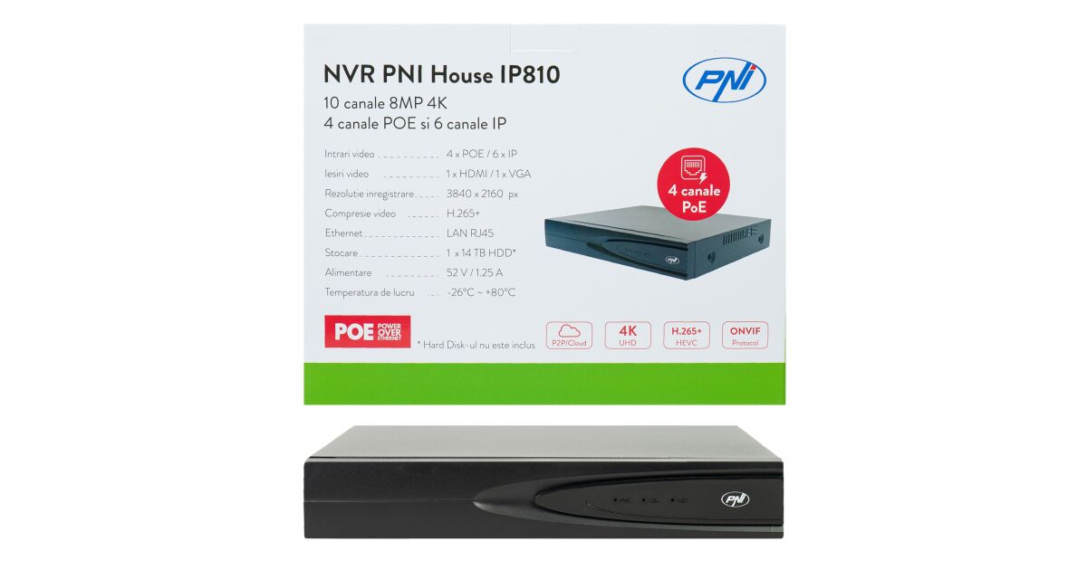 NVR POE PNI House IP810 cu 10 canale 4K 8MP, 4 canale POE si 6 canale ...