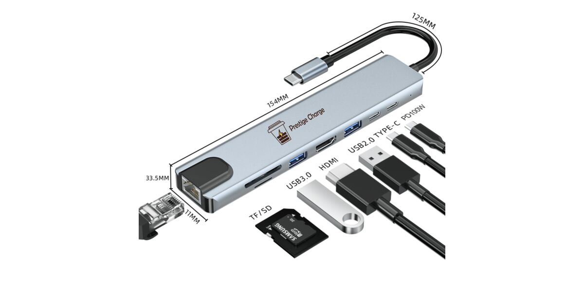 8 az 1-ben USB-C hub adapter, PRESTIGE CHARGE®, C típusú bemenet, LAN ...
