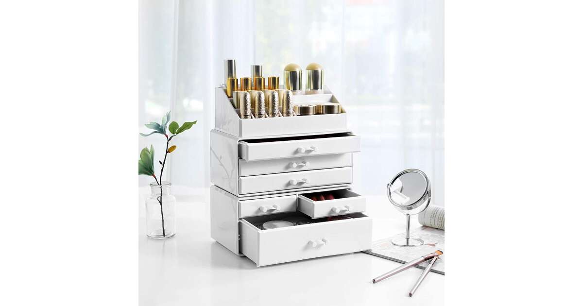 Akril sminkrendező, 6 fiókos sminkrendező 24 x 30 x 13,5 cm, fehér ...