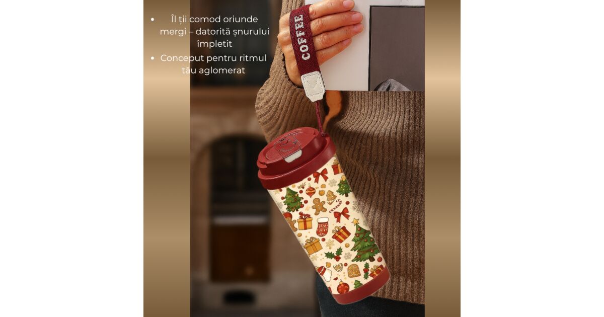 Termos Premium 316 Inox, Editie Speciala de Craciun, 530 ml, Izolare 12h, Duza Eleganta, Dubla ...