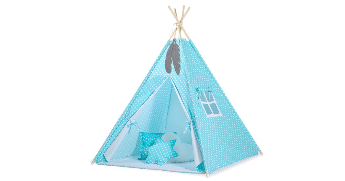 Tipi Sátor Gyerekeknek + Toll Medálok - Fehér Pöttyös Türkiz Alapon ...