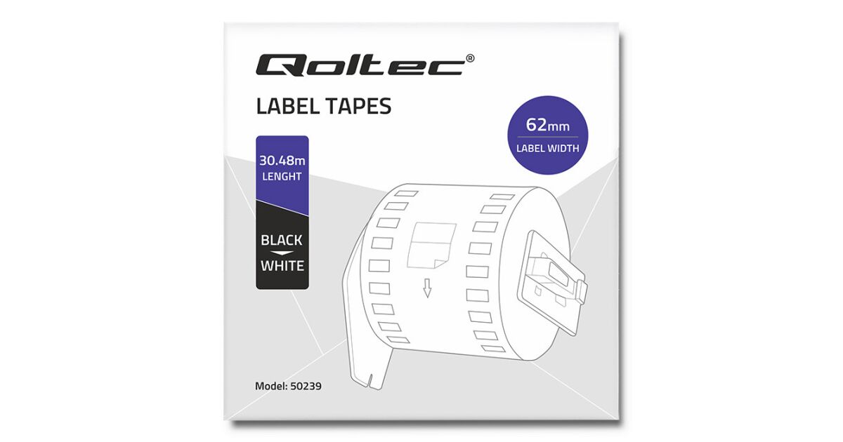 Qoltec Szalag BROTHER DK-22205-höz | 62mm x 30.48m | Fehér/Fekete ...