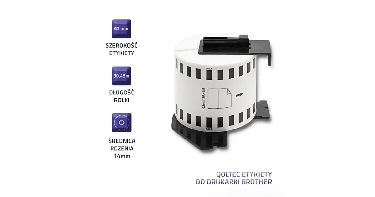 Qoltec Szalag BROTHER DK-22205-höz | 62mm x 30.48m | Fehér/Fekete ...