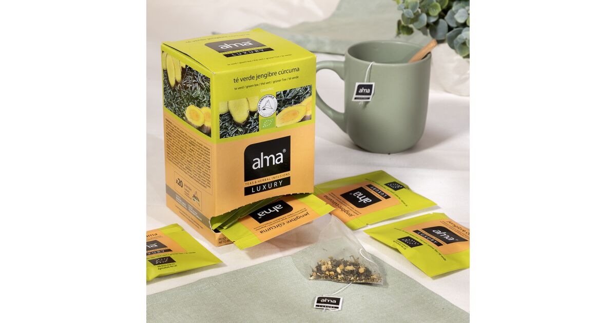 Ceai verde bio 20 plicuri, Alma Teas, Luxury, ghimbir si turmeric, 40 g ...