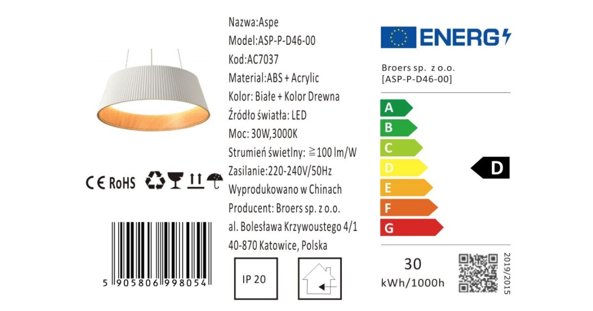 Aspe - Függesztett lámpa 46cm, 1xLED, 30W, Fehér + Fa | Pepita.hu